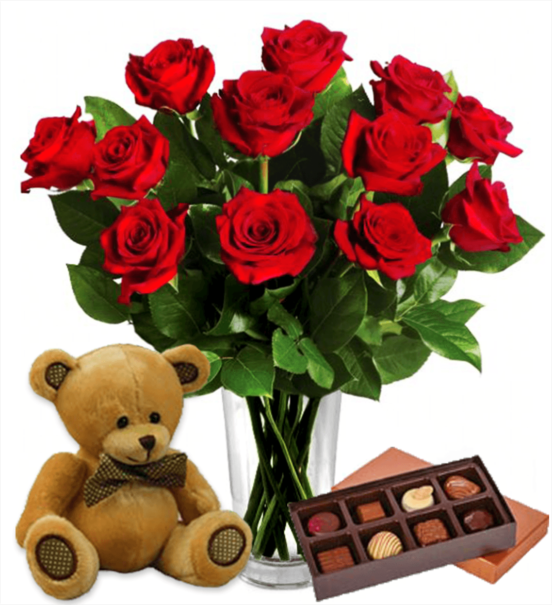 Dozen Red Roses, Bear & Chocolates | Avas Flowers